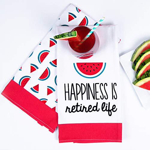 Pavilion Gift Company Pink Watermelon Patterned Tea Towel Set of 2 Happiness is Retire Life, 19.75 x 27.5 inch