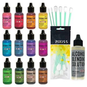 ranger tim holtz alcohol pearls complete set bundle (all 12 colors), 2-ounce ranger alcohol ink blending solution 10x pixiss alcohol ink blending tools for blending your pearls on yupo paper and more