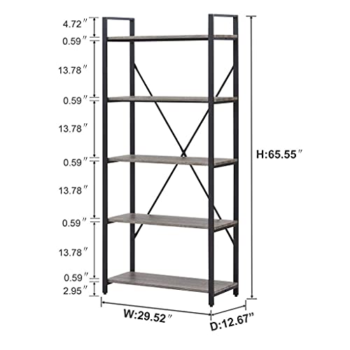 BON AUGURE Industrial Bookshelf, Etagere Bookcases and Book Shelves 5 Tier, Rustic Wood and Metal Shelving Unit (Dark Gray Oak)