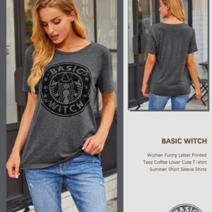 OUNAR Basic Witch Coffee T Shirts for Women Halloween Graphic Letter Print Shirt with Funny Sayings Casual Tee Tops