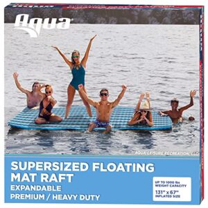 aqua supersized  floating water mat – heavy duty floating island pad with expandable zippers – navy/white stripe