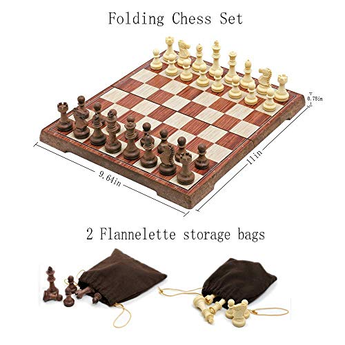 Magnetic Folding Chess Set,11"x 9.64" Portable Travel Chess Game Board Set,Magnetic Crafted Chess Pieces Storage with 2 Flannelette Bags,Perfect Kids Beginners and Adults