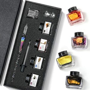 essshop handmade glass dipped pen and ink set - 15ml color inks, pen holder, cleaning cup, ink drip tool, crystal signature dip pen for art, writing, signatures, calligraphy - valentines day gifts set