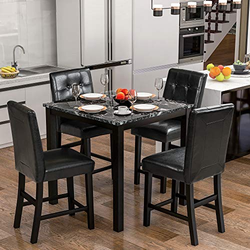 LZ LEISURE ZONE Dining Table Set for 4, 5 Piece Kitchen Table Set, Faux Marble Veneer Wooden Top Counter Height Dining Room Table Set with 4 Leather-Upholstered Chairs, Black