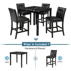 LZ LEISURE ZONE Dining Table Set for 4, 5 Piece Kitchen Table Set, Faux Marble Veneer Wooden Top Counter Height Dining Room Table Set with 4 Leather-Upholstered Chairs, Black