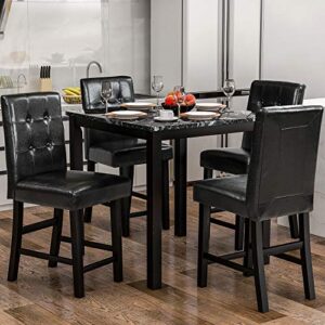 LZ LEISURE ZONE Dining Table Set for 4, 5 Piece Kitchen Table Set, Faux Marble Veneer Wooden Top Counter Height Dining Room Table Set with 4 Leather-Upholstered Chairs, Black