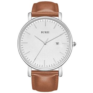 burei men's fashion wrist watch minimalist simple watches for men ultra thin watch analog quartz watches leather strap watches with date (silver brown)