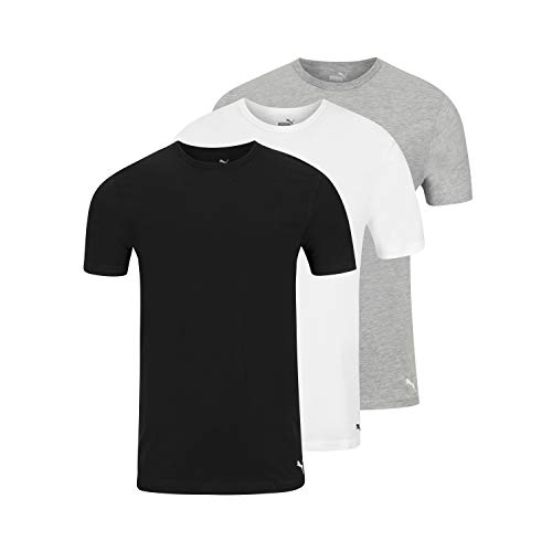 PUMA Men's 3 Pack Crew Neck T-Shirts, White/Gray/Black, L