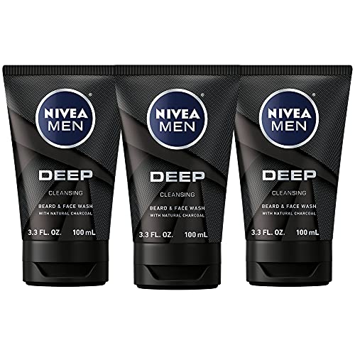 Nivea Men DEEP Cleansing Beard and Face Wash, Enriched with Natural Charcoal, 3 Pack of 3.3 Fl Oz Tubes