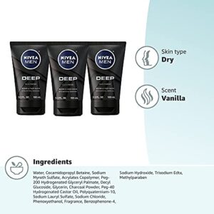 Nivea Men DEEP Cleansing Beard and Face Wash, Enriched with Natural Charcoal, 3 Pack of 3.3 Fl Oz Tubes