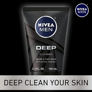 Nivea Men DEEP Cleansing Beard and Face Wash, Enriched with Natural Charcoal, 3 Pack of 3.3 Fl Oz Tubes