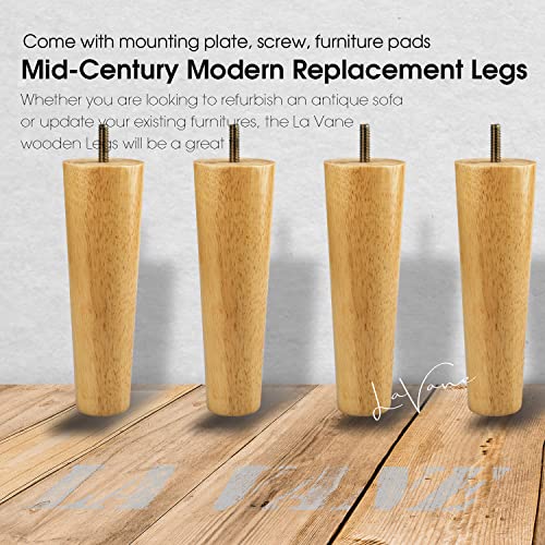 La Vane 6 inch / 15cm Wooden Furniture Legs, Set of 4 Solid Wood Tapered M8 Replacement Furniture Feet with Pre-Drilled 5/16 Inch Bolt & Mounting Plate & Screws for Couch Sofa Cabinet Ottoman