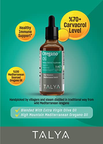 TALYA Oregano Oil Herbal Supplement 0.67 fl. oz, Premium Quality, 100% Natural, High Carvacrol, Supports Healthy System, Digestion & Respiratory Relief, Skin & Nails, Non-GMO, Vegan, Essential Oil