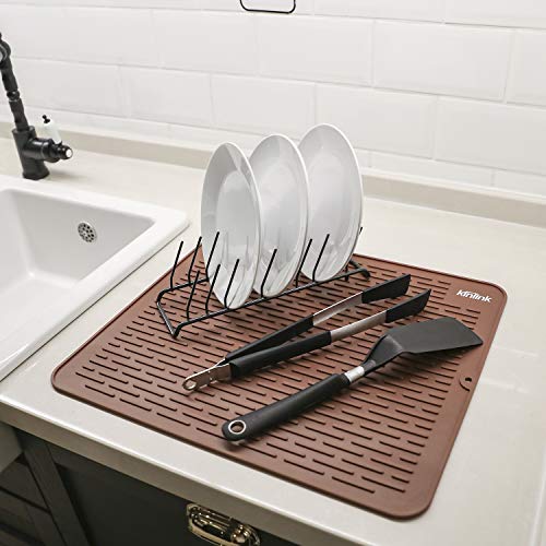 Kinlink Silicone Dish Drying Mats 2 Pack - 18x16 Large Dishwasher Safety Counter Pad for Faster Drying, Kitchen Dish / Dish Draining / Sink Mat, Heat Resistant Trivet, Brown