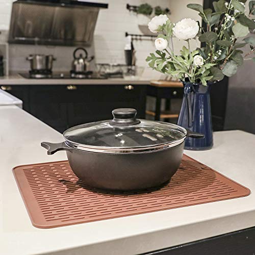 Kinlink Silicone Dish Drying Mats 2 Pack - 18x16 Large Dishwasher Safety Counter Pad for Faster Drying, Kitchen Dish / Dish Draining / Sink Mat, Heat Resistant Trivet, Brown