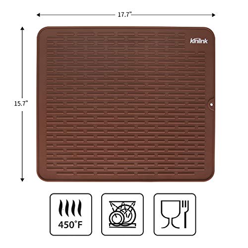 Kinlink Silicone Dish Drying Mats 2 Pack - 18x16 Large Dishwasher Safety Counter Pad for Faster Drying, Kitchen Dish / Dish Draining / Sink Mat, Heat Resistant Trivet, Brown