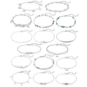 softones 16pcs ankle bracelets for women girls gold silver two style chain beach anklet bracelet jewelry anklet set,adjustable size