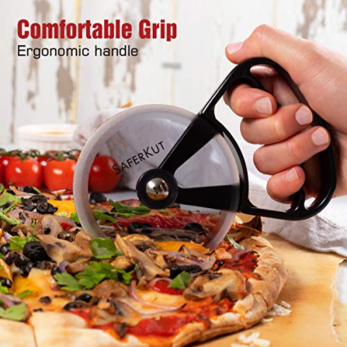 EZFries SaferKut Sharp Pizza Wheel Cutter by Safe on FINGERS Great for Non-Stick Pans – High Grade Thermo Plastic Blade with Easy-to-Use Ergonomic Design Handle