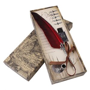 feather quill pen and ink set, vintage feather dip ink pen set antique dip feather pen set calligraphy pen set writing quill ink dip pen with ink bottle, pen nib base (without ink) (red)