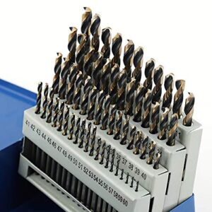 comoware number size drill bit set 60pcs- jobber length drill bits, wire gauge 1 to 60, black and gold finish, 135° split point, high speed steel with metal indexed storage case