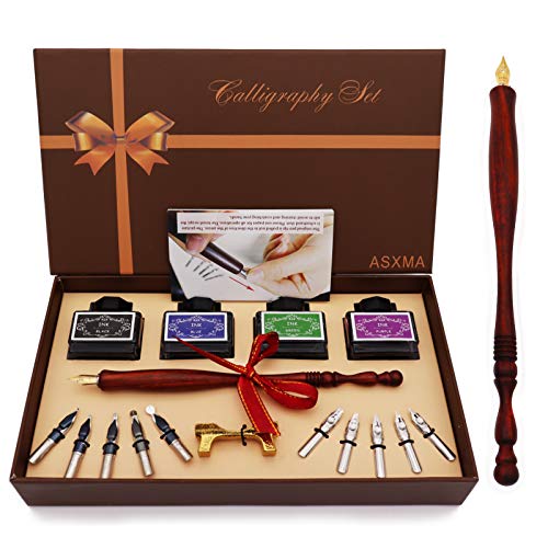 ASXMA New model wooden calligraphy pen set, which Includes the pen nib as well as four different ink colors. Suitable for use by all ages, and experience from beginner to professional.