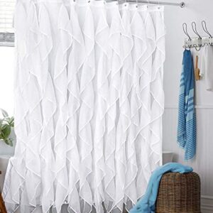 REISEN White Ruffle Shower Curtain Fabric/Cloth Farmhouse Bathroom Sheer Shower Curtain, 70in Long