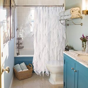 REISEN White Ruffle Shower Curtain Fabric/Cloth Farmhouse Bathroom Sheer Shower Curtain, 70in Long