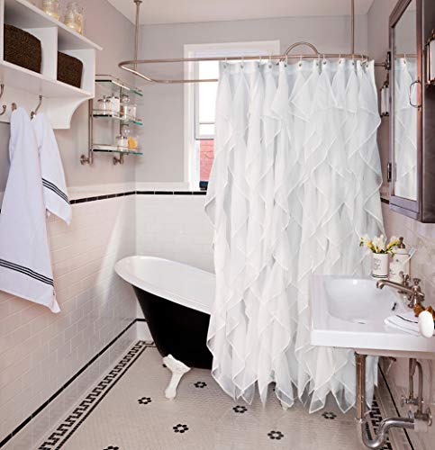 REISEN White Ruffle Shower Curtain Fabric/Cloth Farmhouse Bathroom Sheer Shower Curtain, 70in Long