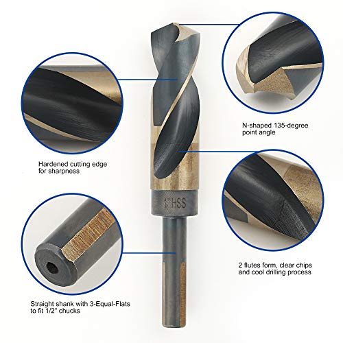 COMOWARE 1 inch Reduced Shank Drill Bit- 1/2 inch Shank, HSS Silver and Deming, Black & Gold