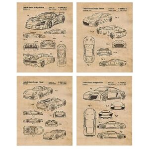 classic cars collection patent prints, 4 (8x10) unframed photos, wall art decor gifts under 20 for home office man cave college student teacher f1 mclaren aston martin audi porsche team racing