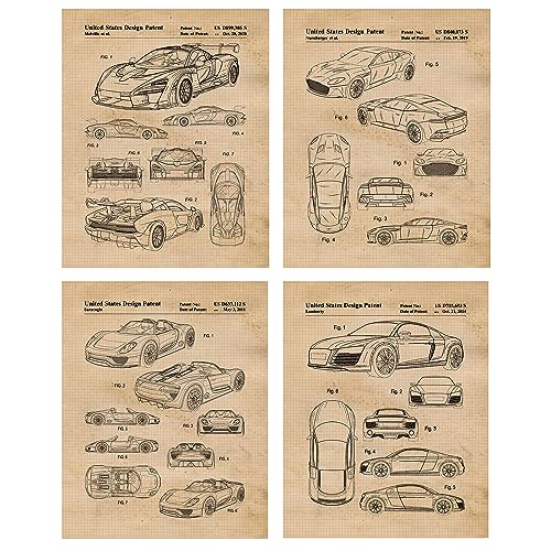 Classic Cars Collection Patent Prints, 4 (8x10) Unframed Photos, Wall Art Decor Gifts Under 20 for Home Office Man Cave College Student Teacher F1 McLaren Aston Martin Audi Porsche Team Racing