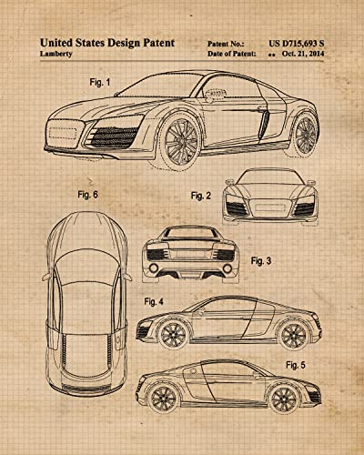 Classic Cars Collection Patent Prints, 4 (8x10) Unframed Photos, Wall Art Decor Gifts Under 20 for Home Office Man Cave College Student Teacher F1 McLaren Aston Martin Audi Porsche Team Racing