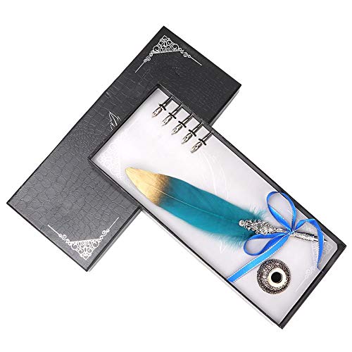 Wal front European Feather Quill Pen Set Feather Calligraphy Pen Kit Feather Dip Pen Gift Set Fountain Pen(Sky Blue)