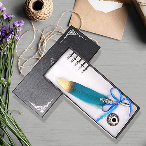 Wal front European Feather Quill Pen Set Feather Calligraphy Pen Kit Feather Dip Pen Gift Set Fountain Pen(Sky Blue)