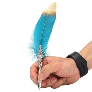 Wal front European Feather Quill Pen Set Feather Calligraphy Pen Kit Feather Dip Pen Gift Set Fountain Pen(Sky Blue)