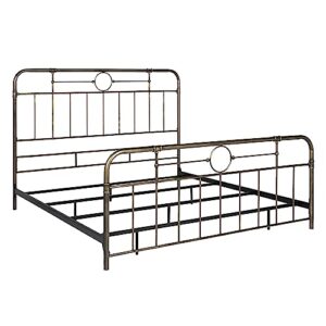 walker edison vintage antique metal iron pipe king size bed headboard footboard bed frame bedroom, king, bronze