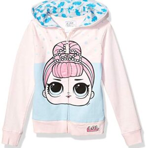 L.O.L. Surprise! Girls Glitterati Crystal Queen Big Face Zip-up Hoodie, Light Pink/Light Blue, 16