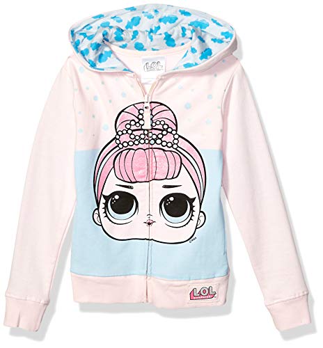 L.O.L. Surprise! Girls Glitterati Crystal Queen Big Face Zip-up Hoodie, Light Pink/Light Blue, 16