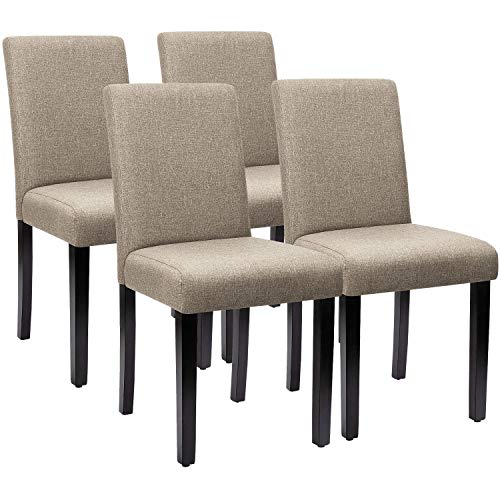 Furniwell Dining Chairs Upholstered Parson Urban Style Kitchen Living Room Side Padded Chair with Solid Wood Legs Set of 4 (Fabric, Beige)