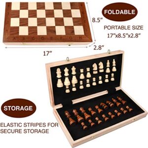 Wooden Chess Set for Kids and Adults – 17 in Staunton Chess Set - Large Folding Chess Board Game Sets - Storage for Pieces | Wood Pawns - Unique E-Book for Beginner - 2 Extra Queens