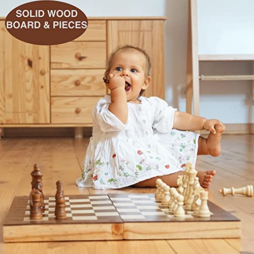 Wooden Chess Set for Kids and Adults – 17 in Staunton Chess Set - Large Folding Chess Board Game Sets - Storage for Pieces | Wood Pawns - Unique E-Book for Beginner - 2 Extra Queens