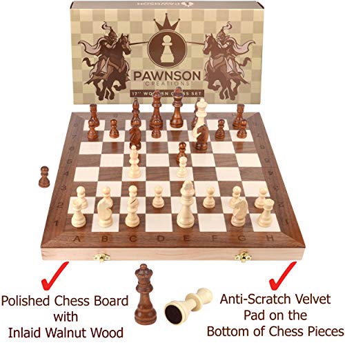 Wooden Chess Set for Kids and Adults – 17 in Staunton Chess Set - Large Folding Chess Board Game Sets - Storage for Pieces | Wood Pawns - Unique E-Book for Beginner - 2 Extra Queens