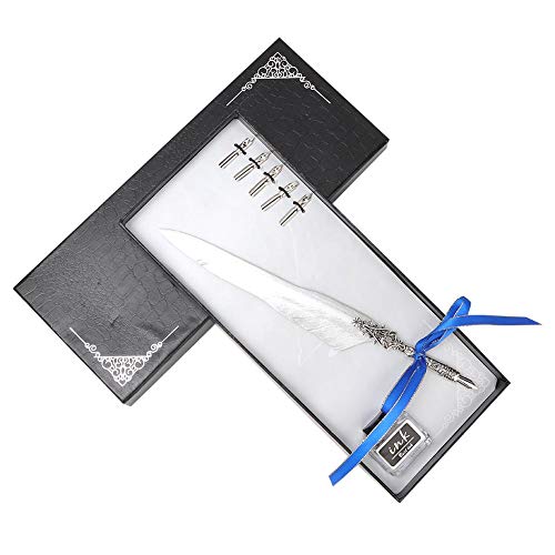 Wal front Feather Pen Classical Retro Type Quill Dip Pen Calligraphy Pen Ink Bottle Set Present Stationery (#4: Silver 2)