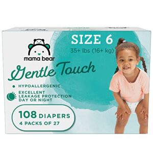 amazon brand - mama bear gentle touch diapers, hypoallergenic, size 6, 108 count (4 packs of 27)