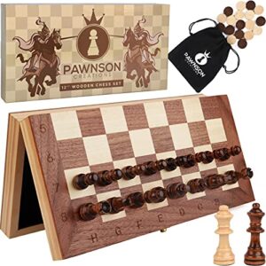 magnetic wooden chess checkers set for kids and adults - 12 in staunton chess set - travel portable folding chess board game sets - storage for wood pieces - 2 extra queens