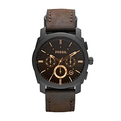 Fossil Men's Machine Quartz Stainless Steel and Leather Chronograph Watch, Color: Black, Dark Brown (Model: FS4656)