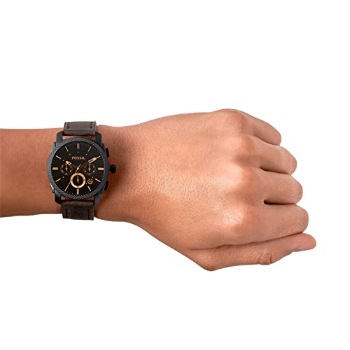 Fossil Men's Machine Quartz Stainless Steel and Leather Chronograph Watch, Color: Black, Dark Brown (Model: FS4656)