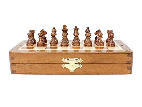 House of Chess - 8 Inch Wooden Magnetic Folding Travel Chess Set - Board with Algebraic Notation + 2 Extra Pawns & 2 Extra Queens- Handmade - Premium Quality