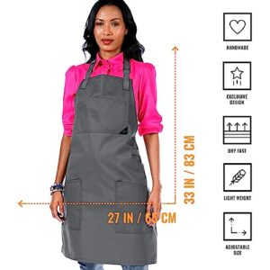 Under NY Sky Chef Apron – Professional Gray Twill – Cotton Straps - Smart Pockets - Adjustable for Men and Women – Pro Chef, Cook, Kitchen, Baker, Barista, Bartender, Server Aprons