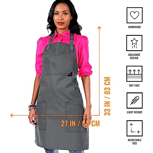 Under NY Sky Chef Apron – Professional Gray Twill – Cotton Straps - Smart Pockets - Adjustable for Men and Women – Pro Chef, Cook, Kitchen, Baker, Barista, Bartender, Server Aprons